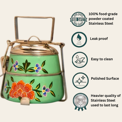 Hand Painted 2 Tier Steel tiffin Box -Green – Oxyroots Handicraft