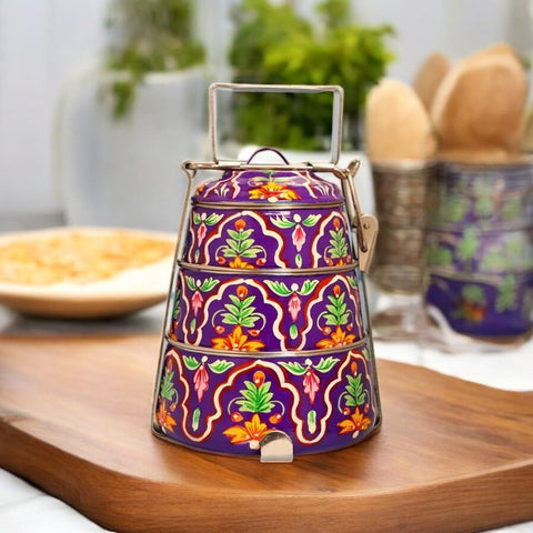 Hand Painted 3 Tier Steel Tiffin Box-Purple – Oxyroots Handicraft